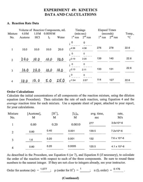 EXPERIMENT 49 KINETICS DATA AND CALCULATIONS A Chegg Com