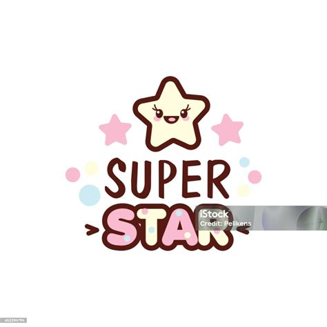 귀여운 작은 얼굴과 슈퍼 스타 레터링 일러스트 흰색에 문구와 고립 된 그림 티셔츠에 프린트를 위한 벡터 스타일 젖꼭지 카와이 이모티콘 어린이를 위한 원피스 바디 기프트