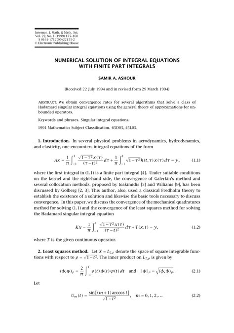 PDF Numerical Solution Of Integral Equations With Finite Part Integrals
