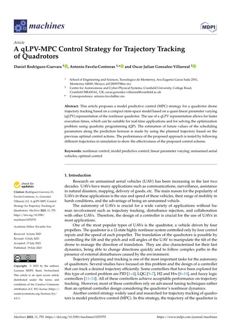 Pdf A Qlpv Mpc Control Strategy For Trajectory Tracking Of Quadrotors
