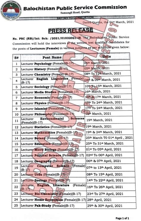 BPSC Lecturer Female Interview Schedule Balochistan Jobs