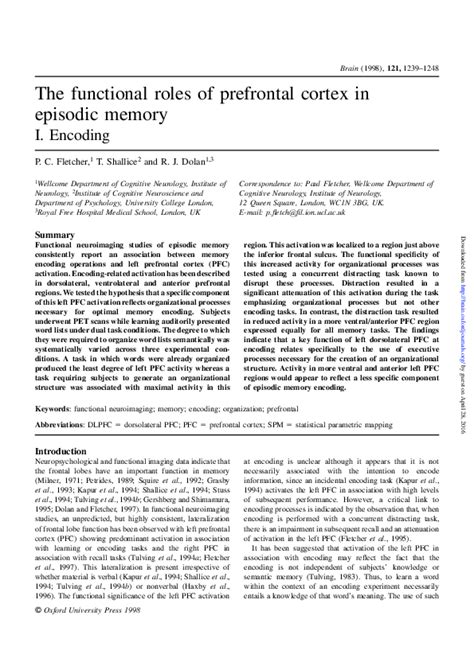 Pdf The Functional Roles Of Prefrontal Cortex In Episodic Memory