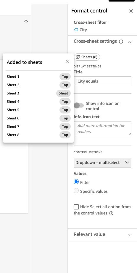 跨工作表筛选条件和控件 amazon quicksight