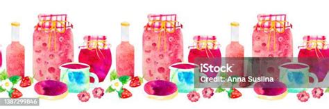 수채화 여름 열매와 수제 제품은 원활한 장식 라인 테두리 젤리 항아리 크랜베리 스튜 콤포트 잼 샌드위치 주스 또는 차 한 잔 과일 음료 병 마멀레이드에 대한 스톡 벡터 아트