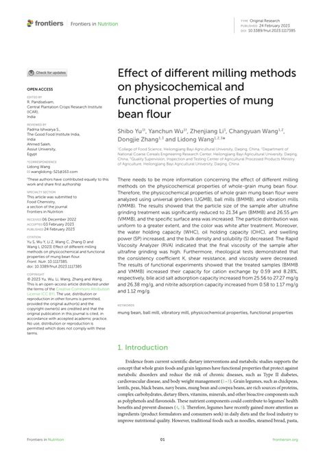 Pdf Effect Of Different Milling Methods On Physicochemical And Functional Properties Of Mung