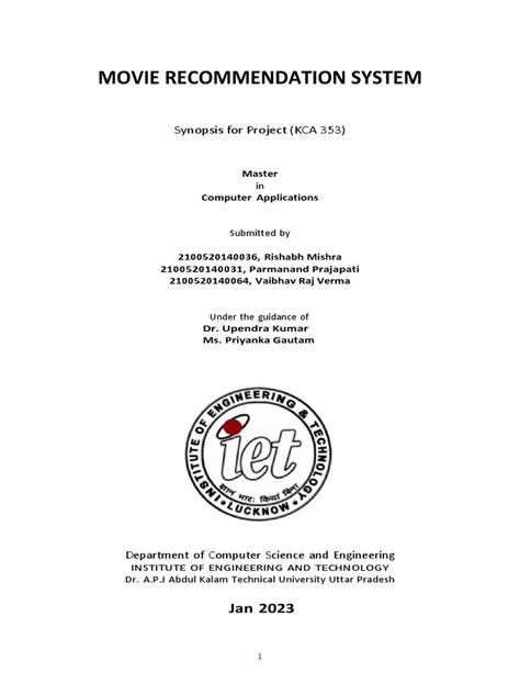 Movie Recommendation System Synopsis For Project Kca 353 Pdf Cluster Analysis Software