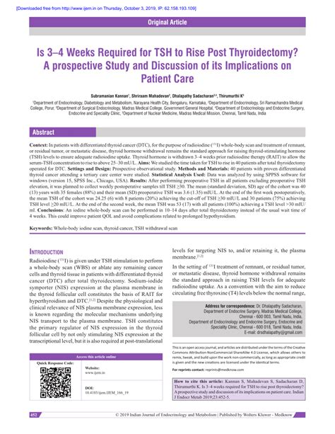 Pdf Is 3 4 Weeks Required For Tsh To Rise Post Thyroidectomy A