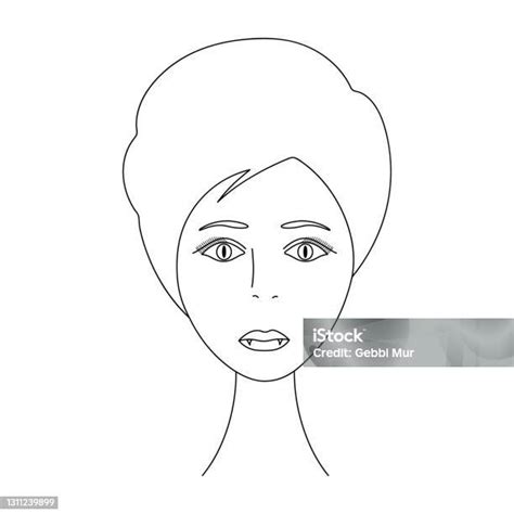 뱀파이어 여자 얼굴 스케치 전체 얼굴에 여자의 머리 벡터 그림입니다 짧은 픽시 헤어 스타일 통통한 입술 날카로운 송곳니 긴