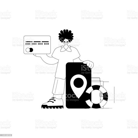 은행 카드와 전화가 있는 동료 관광 과목 다크 앤 화이트 라인의 장인 정신 트렌디한 스타일 벡터 일러스트레이션 개념에 대한 스톡 벡터 아트 및 기타 이미지 Istock