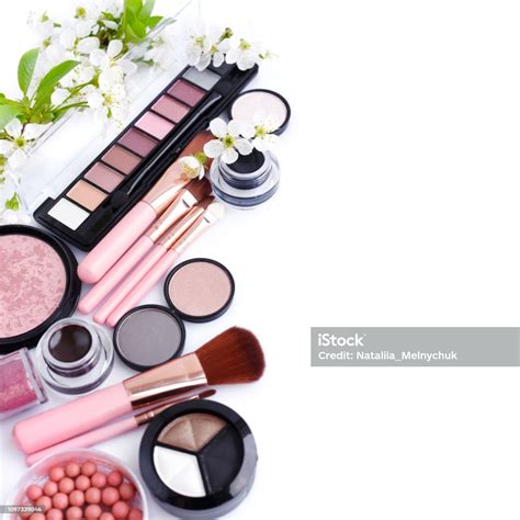 메이크업 브러시와 복사 공간 흰색 배경에 피 분기와 장식 화장품 개념에 대한 스톡 사진 및 기타 이미지 개념 개인 장식품 구도 Istock