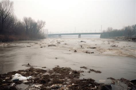 View Of River With Overflowing Water Carrying Debris And Pollutants Stock Illustration