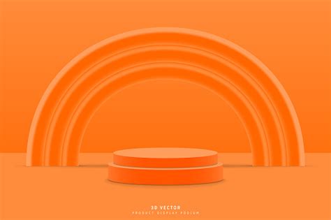 추상 주황색 3d 실린더 연단 또는 제품 디스플레이 스탠드 디자인에는 3개의 3d 원 모양 배경이 있습니다 제품 프리젠테이션 모형 템플릿을 위한 깨끗한 스튜디오 룸 장면