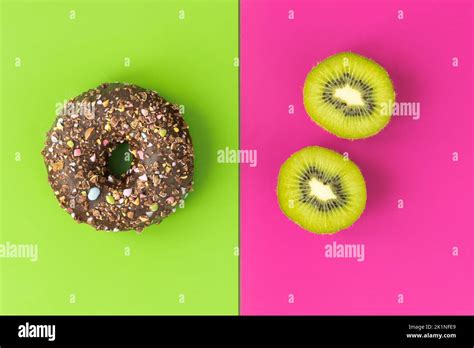 Healthy And Unhealthy Food Flat Layer Two Color Chocolate Donuts With