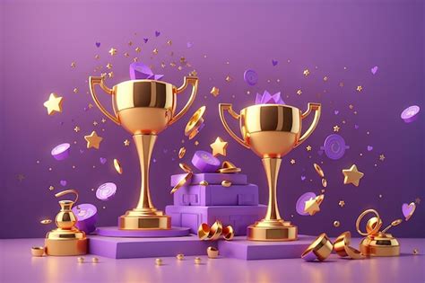 3d победители минимальные с золотым кубком Золотые победители звезды с объектами плавающими на