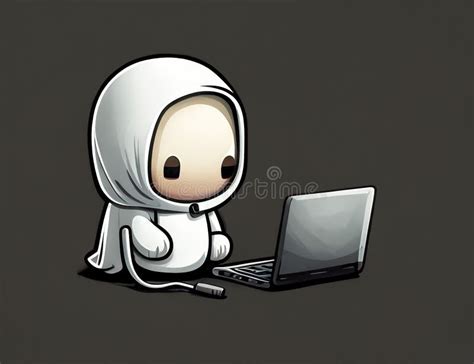 Cute Anonymous Hacker With White Hoodie Using Computer Laptop Concept Of Ethical Hacking