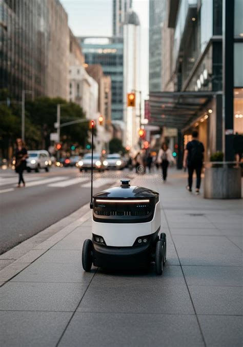 Autonomous Delivery Robot Navigating Urban Sidewalk Amidst City Traffic Stock Image Image Of