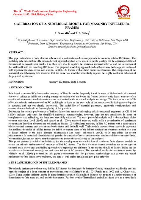 Pdf Calibration Of A Numerical Model For Masonry Infilled Rc Frames Andreas Stavridis
