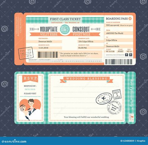 Retro Boarding Pass Ticket Wedding Invitation Template Cartoon Vector
