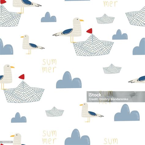 흰색 배경에 종이 보트에 갈매기의 매끄러운 패턴 직물 포장 용지 엽서 포스터 배너에 인쇄하기위한 벡터 그림 귀여운 아기 배경 0명에 대한 스톡 벡터 아트 및 기타 이미지