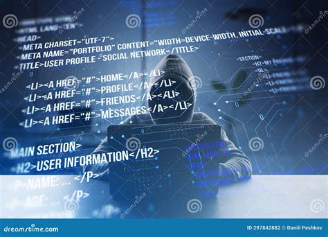 Front View Of Hacker Using Computers At Desk With Creative Digital