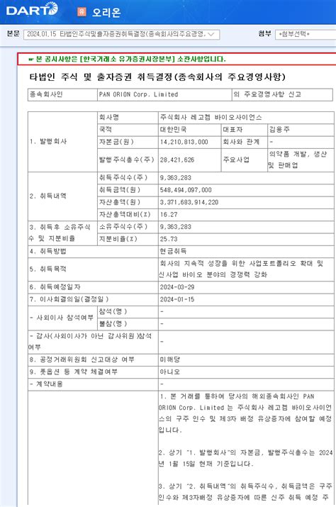 오리온 레고켐바이오 인수에 신저가 이유는