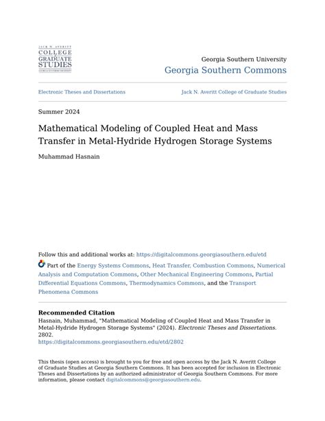 Pdf Mathematical Modeling Of Coupled Heat And Mass Transfer In Metal Hydride Hydrogen Storage
