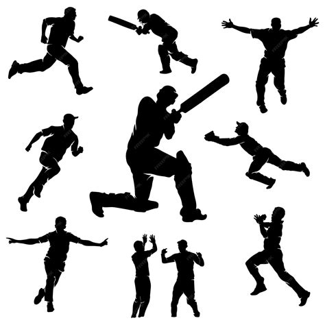 승리 실루엣 후 축 하 볼링 필드 잡기 공을 치는 크리켓 선수의 집합 프리미엄 벡터