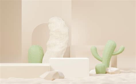 선인장과 모래 사막 미니 테마가 있는 3d 모의 브라운 크림 연단 제품 및 화장품 프레젠테이션을 위한 받침대 무대 광고 판매 프로모션 배경을 위한 추상 화려한 장면