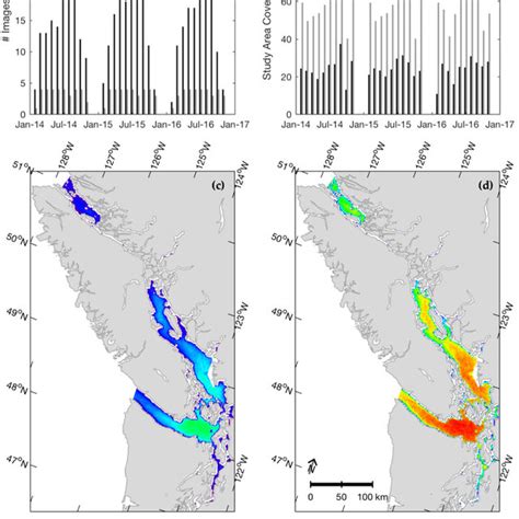 temporal coverage displayed as a number of images per month and b