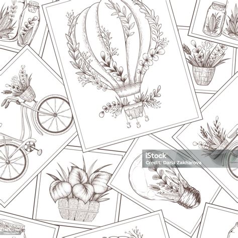사진 프레임과 다른 장식 요소 식물 전구 자전거 열기구와 원활한 벡터 패턴 손으로 그린 빈티지 배경 개체 그룹에 대한 스톡 벡터