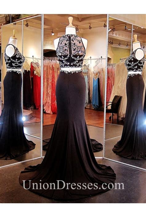 Mermaid Black Jersey Beaded Rhinestone Two Piece Prom Dress