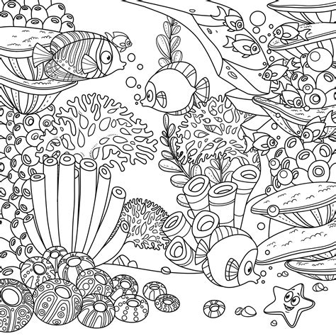 산호 물고기와 말미잘 만화 수중 세계는 흰색 배경에 고립 된 설명 프리미엄 벡터