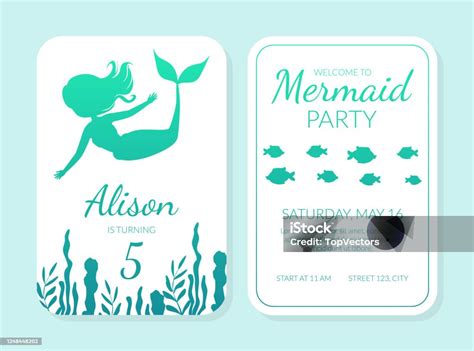 인어 공주와 수생 자연 요소의 실루엣인 인어 공주 파티 카드 템플릿에 오신 것을 환영합니다 바다 테마 생일 초대장 플라이어 벡터 일러스트레이션 바닷속에 대한 스톡 벡터 아트