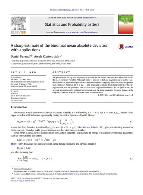 Pdf A Sharp Estimate Of The Binomial Mean Absolute Deviation With Applications