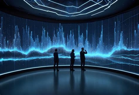 A Futuristic Immersive Space With A Curved Wall Of Screens Displaying Abstract Blue And Pink