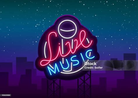 마이크와 음악 네온 사인 로고 상징 기호 포스터를 살고 있습니다 그림입니다 음악과 함께 다른 기관 노래방 유흥 클럽 광고 밝은 네온 사인 Classical Concert에