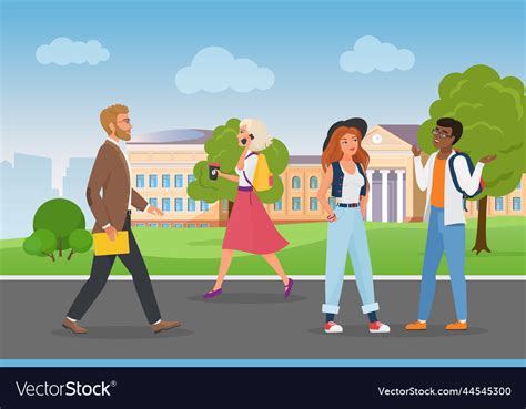 People Walk Near University Campus In City Vector Image