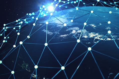 3d 렌더링 공간에서 지구를 통해 네트워크와 데이터 교환 연결 라인 지구 지구 주위 블루 일출입니다 글로벌 국제 연결입니다 Nasa에서 제공 하는이 이미지의 요소 3차원