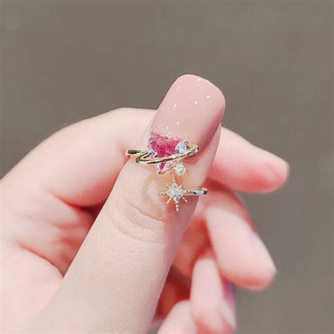 여성용 상감 핑크 지르콘 인덱스 핑거 링 스위트 진주 오프닝 골든 반지 여아 파티 쥬얼리 선물 도매 럭셔리 디자인