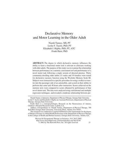 Pdf Declarative Memory And Motor Learning In The Older Adult