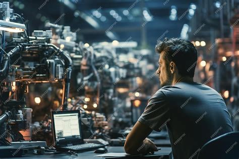 Premium Photo Engineer In Front Of A Computer And Programming Robots In Factory Programming