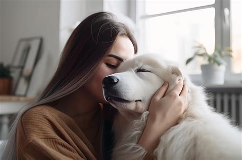 Premium Ai Image Happy Woman Kissing Dog