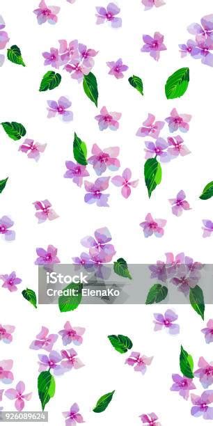 정원 핑크 수 국 꽃 완벽 한 패턴입니다 식물 그림에 스타일 그린 라일락 꽃과 잎 격리입니다 화장품 향수 제품 섬유 인쇄 결혼식 또는 인사장에 대 한 벡터 꽃 디자인