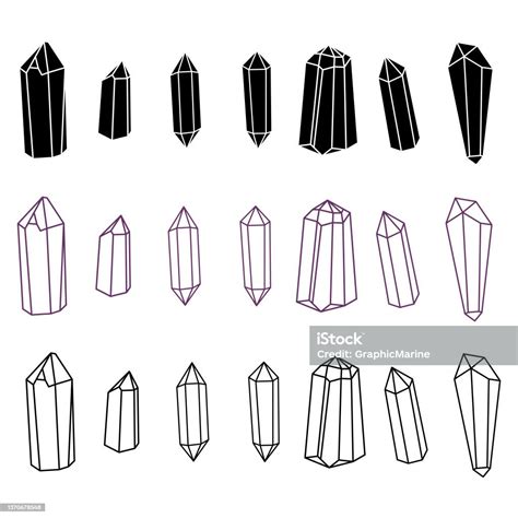 크리스탈 윤곽선과 실루엣 벡터 일러스트 리세티 미니멀 아이콘 세트 보물 보석의 선형 기호 미네랄 다이아몬드 흰색 배경에 고립 된 석영 간단한 아이콘 0명에 대한 스톡 벡터