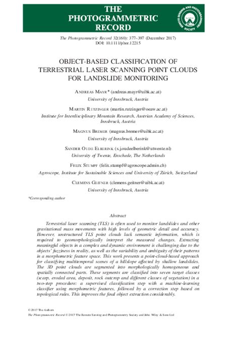 Pdf Object Based Classification Of Terrestrial Laser Scanning Point Clouds For Landslide