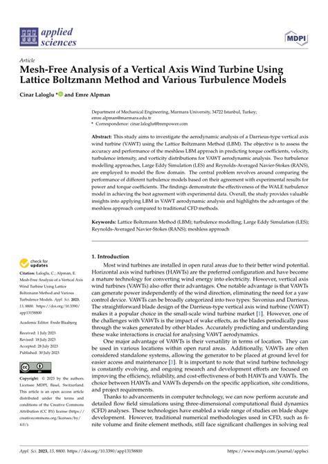 PDF Mesh Free Analysis Of A Vertical Axis Wind Turbine Using Lattice Boltzmann Method And
