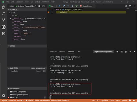 error display on terminal panel when running hit count breakpoint