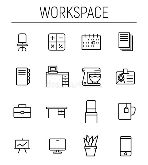 Set Of Workspace Icons In Modern Thin Line Style Stock Vector Illustration Of Office Event
