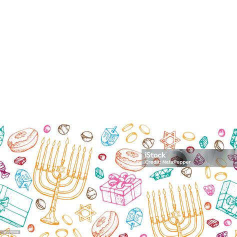 유태인 휴일 Hanukkah 인사말 카드입니다 전통 차 누 카 기호 흰색dreidels 과자 도넛 메노라 촛불 절연의 원활한 테두리 스타 데이비드 빛나는 조명 낙서 벡터