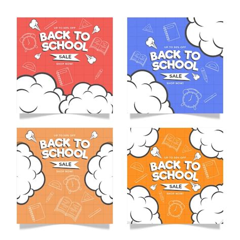 학교 세일로 돌아가기 소셜 미디어 만화 스타일 프리미엄 벡터